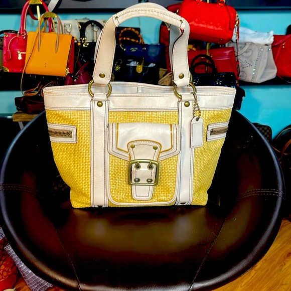Bags | Coach Wicker And White Leather Shoulder | Poshmark